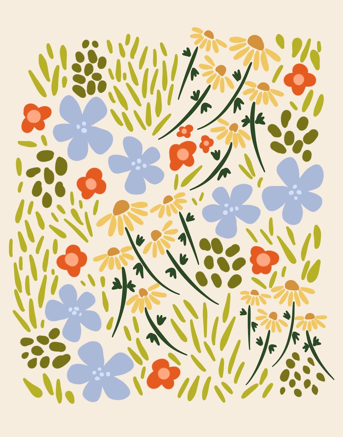 Flower Field Art Print Floral Illustrated Print Flower Pattern Print ...