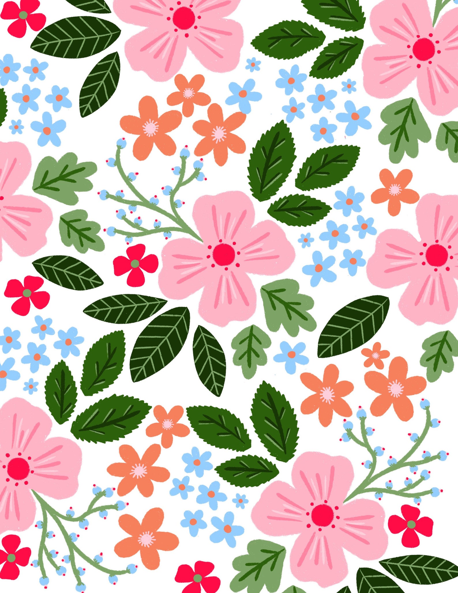 Pink Floral Print Illustrated Art Print Bright Floral - Etsy