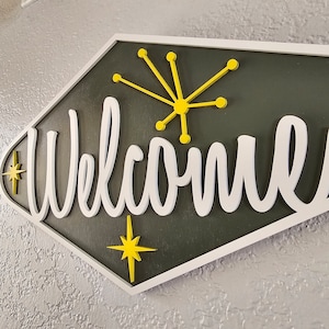 Mid Century Modern Style Welcome Sign, MCM Atomic Starburst Curved ...