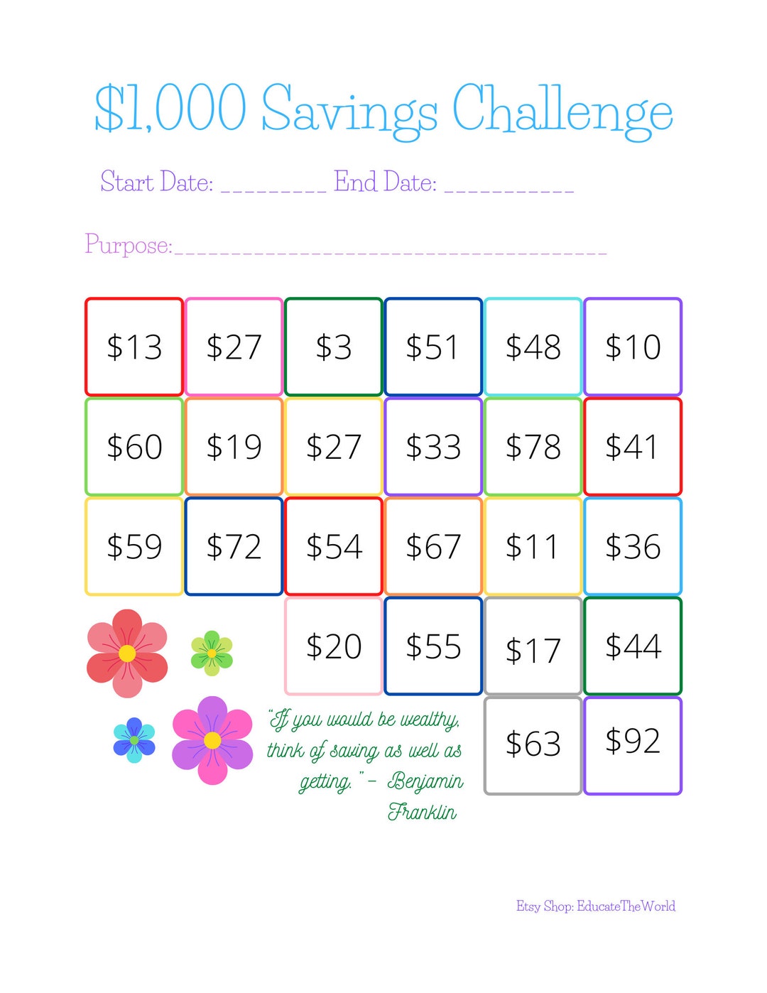 Savings Challenge, 1,000 Dollar Savings Challenge, Money Tracker ...