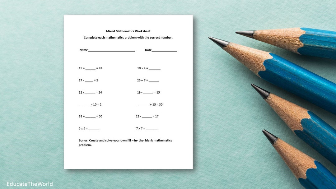Mathematics Printable Worksheet - Etsy