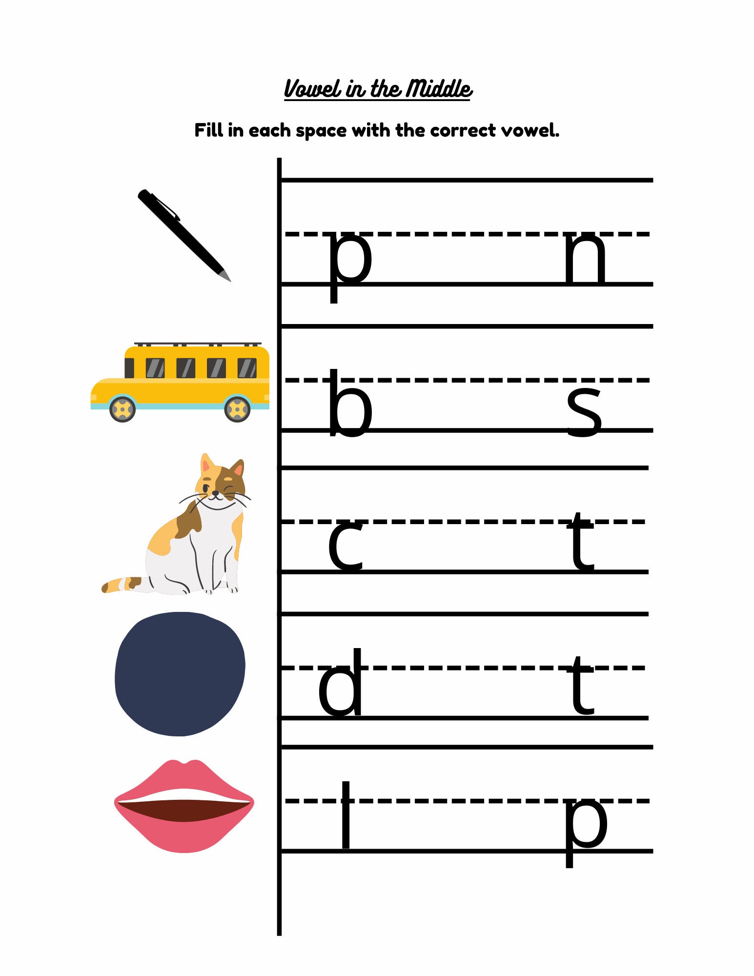 Middle Vowel Sounds (medial) Worksheets; Preschool-1st Grade Phonics ...
