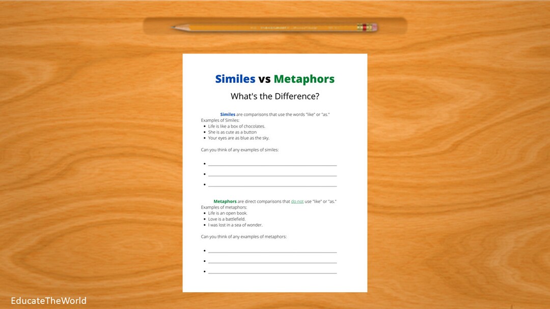 Similes and Metaphors Learning Handout for Students; Literary Elements ...