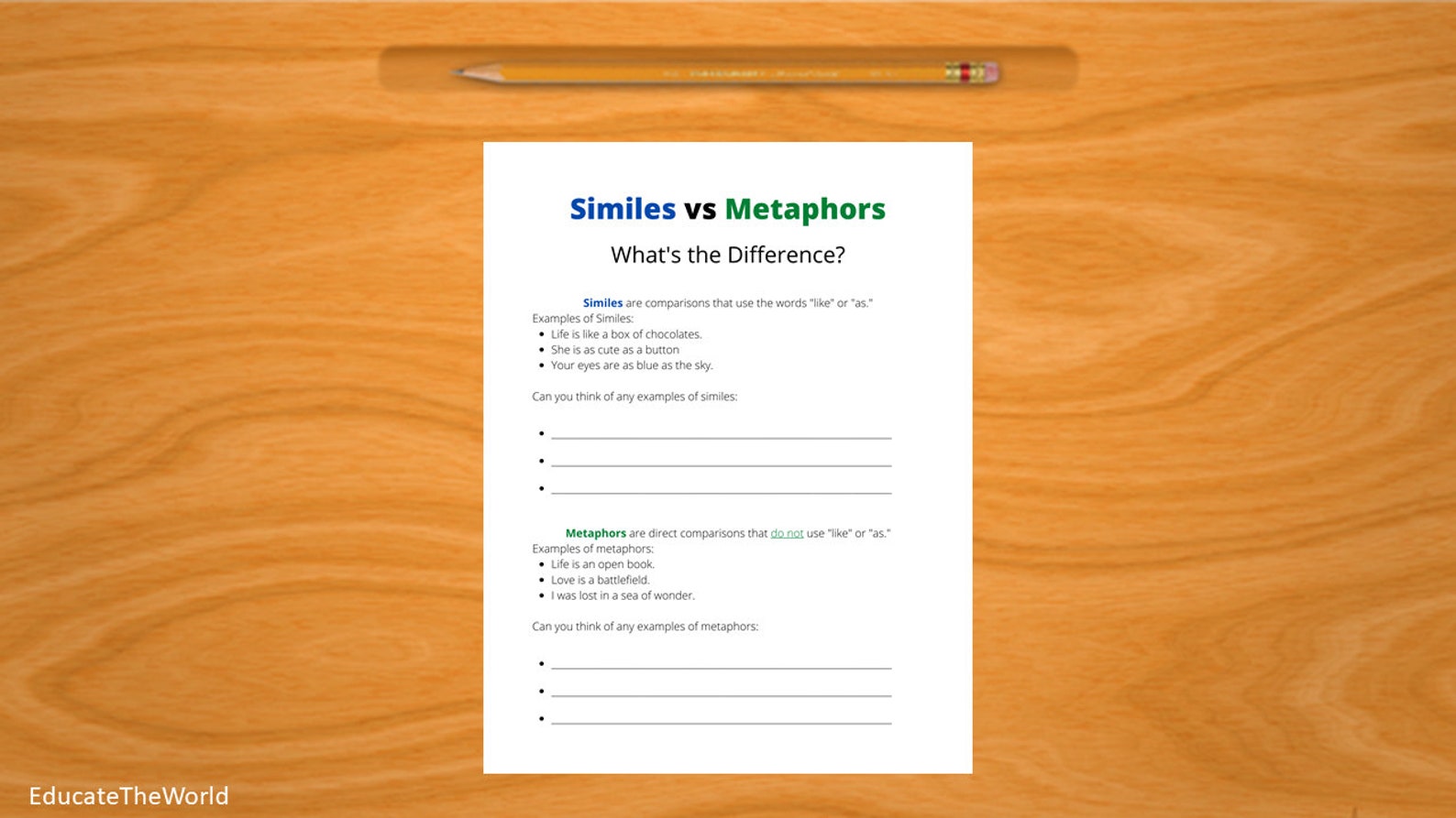 Similes and Metaphors Learning Handout for Students; Literary Elements ...