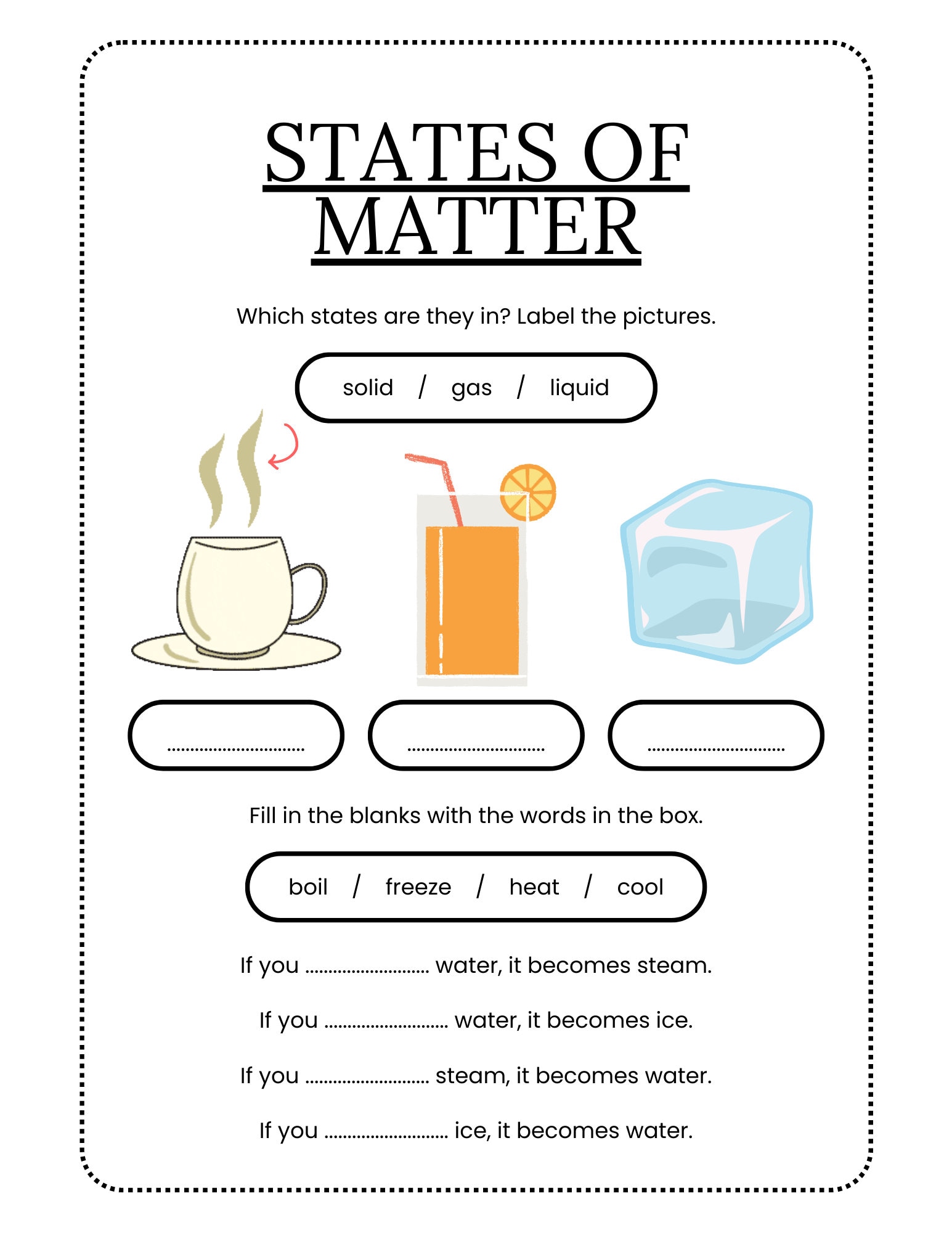 States of Matter Worksheet for Science Class, Elementary Level Science ...