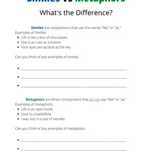 Similes and Metaphors Learning Handout for Students; Literary Elements ...