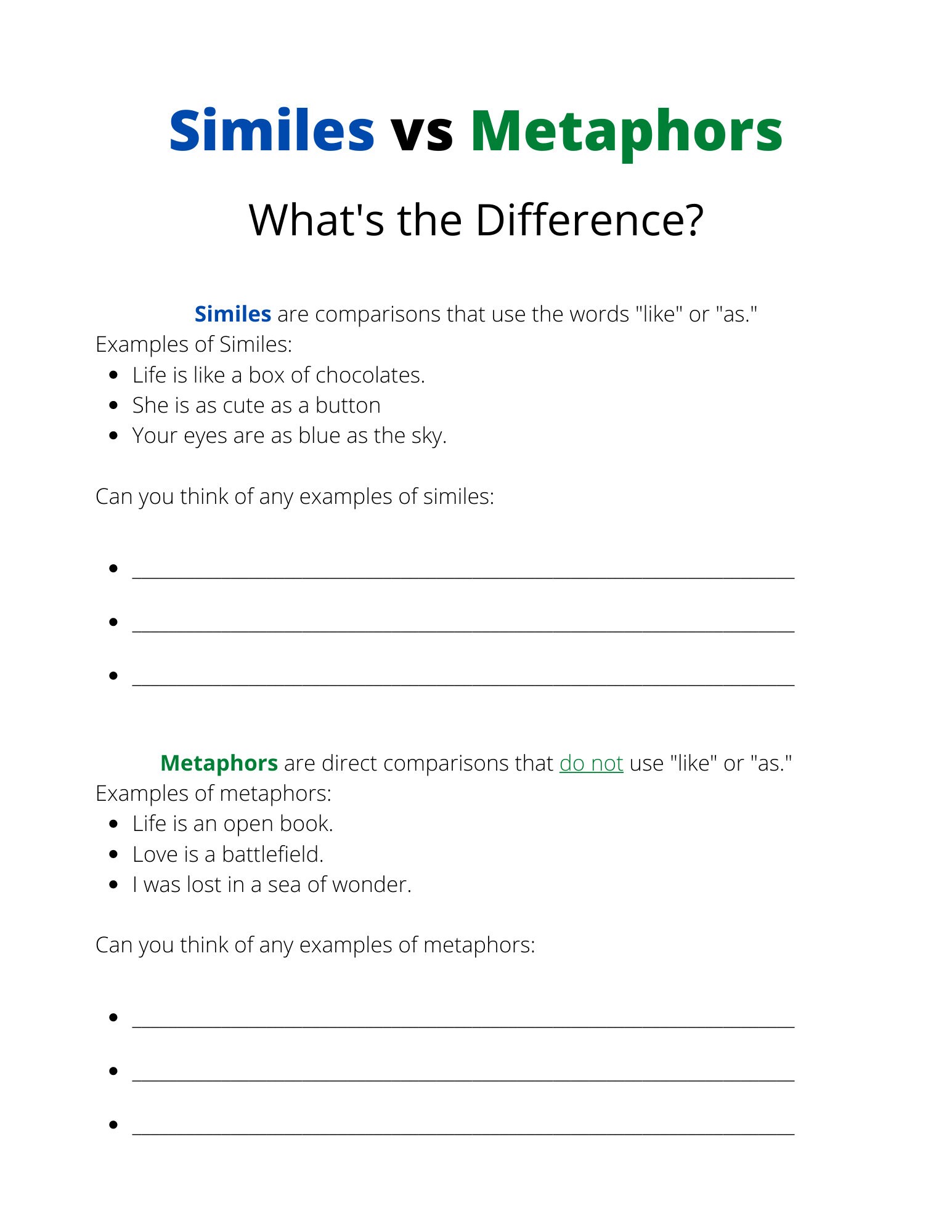 Similes and Metaphors Learning Handout for Students; Literary Elements ...