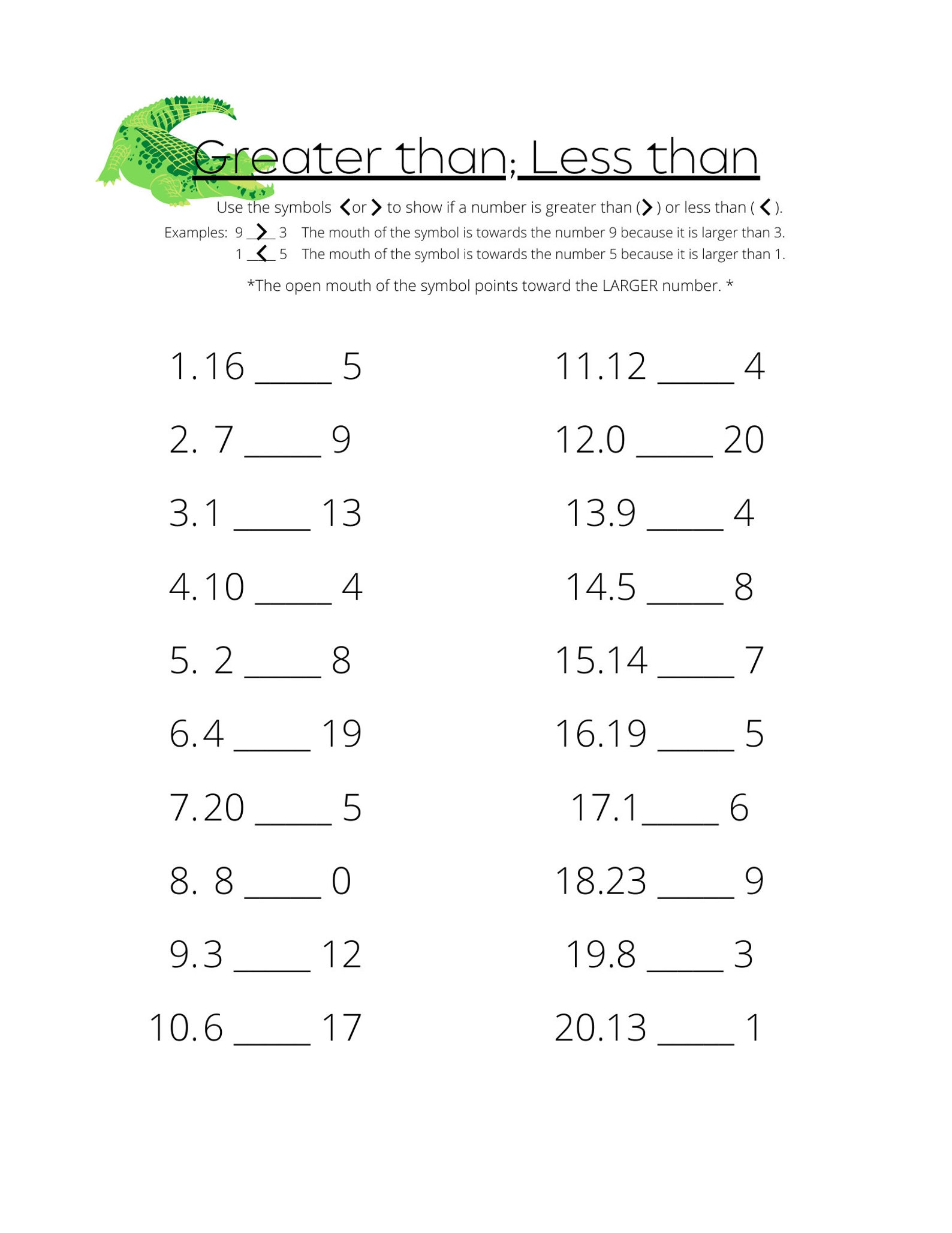 Greater Than Less Than Worksheet Math Worksheets - Etsy