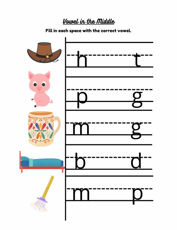 Middle Vowel Sounds medial Worksheets Preschool-1st Grade - Etsy