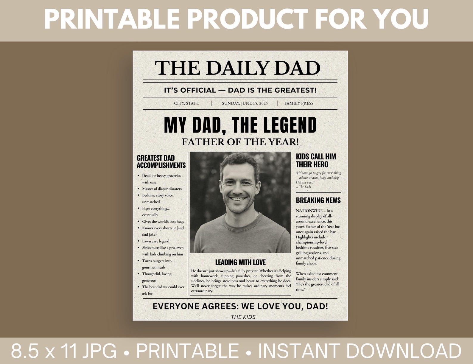 Editable Father’s Day Newspaper Template | Printable Gift From Kids ...