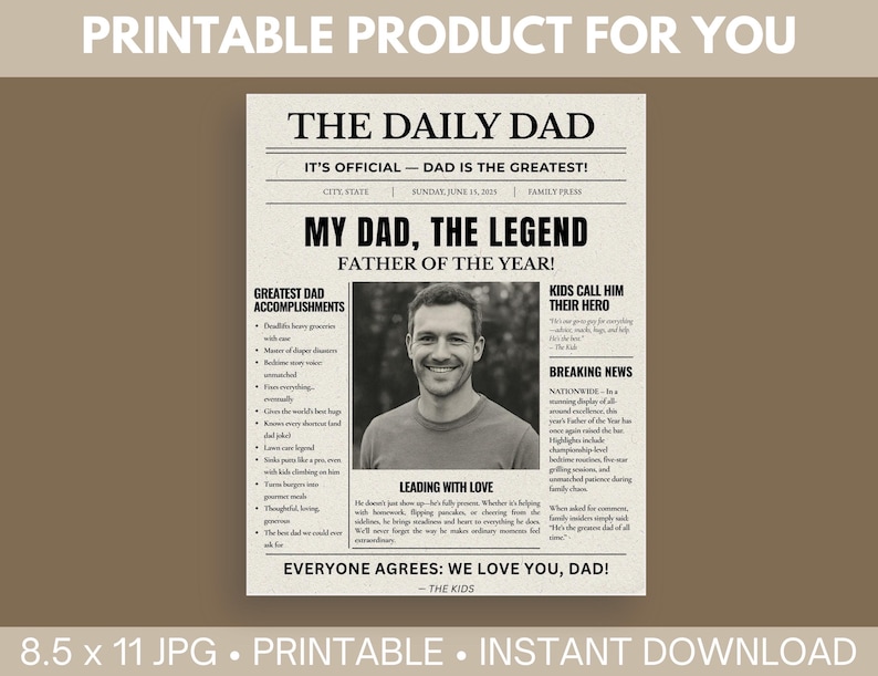 Editable Father’s Day Newspaper Template | Printable Gift From Kids ...