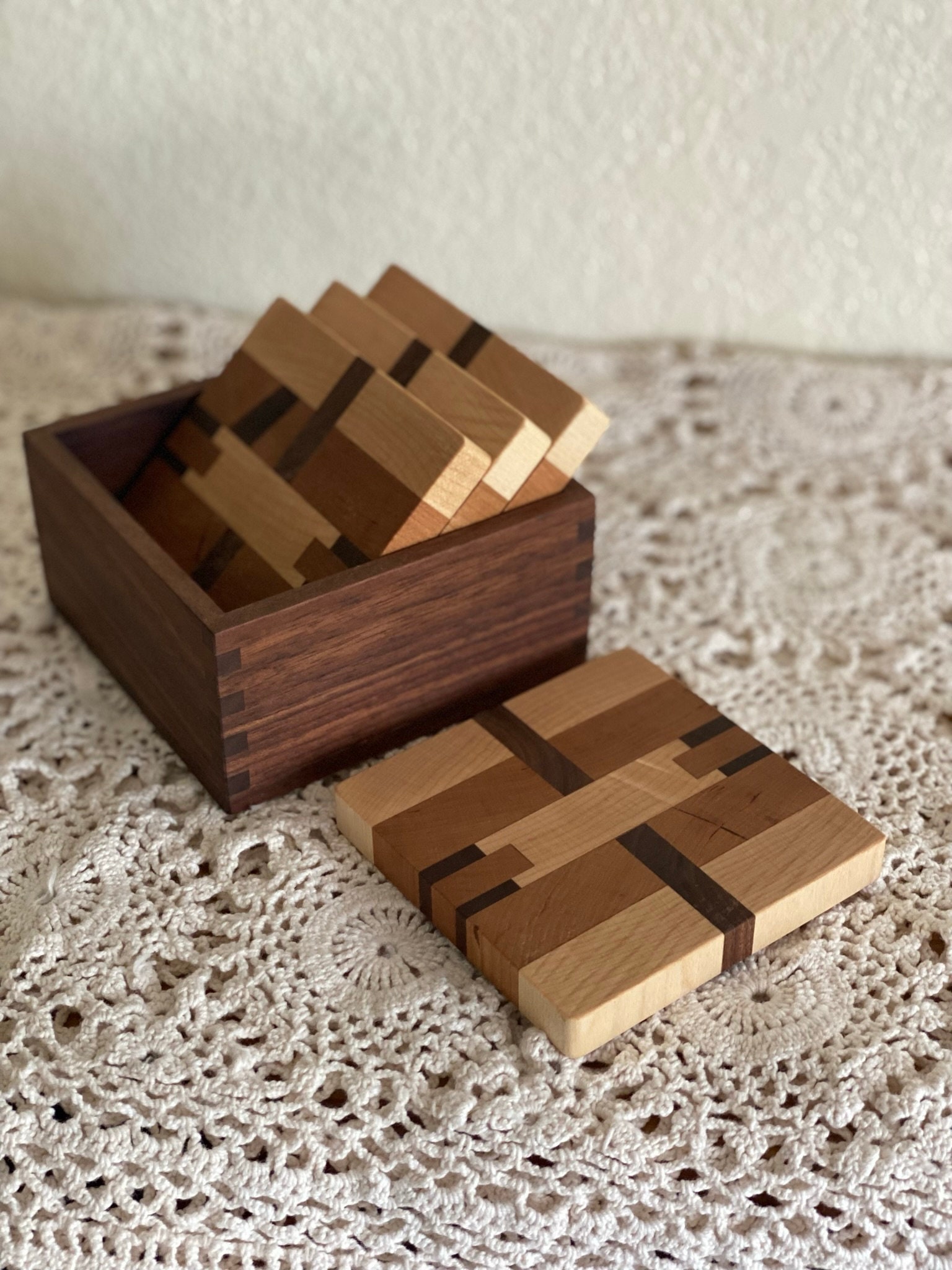 Coasters and Box Set of 4 Mosaic Pattern Walnut Cherry - Etsy