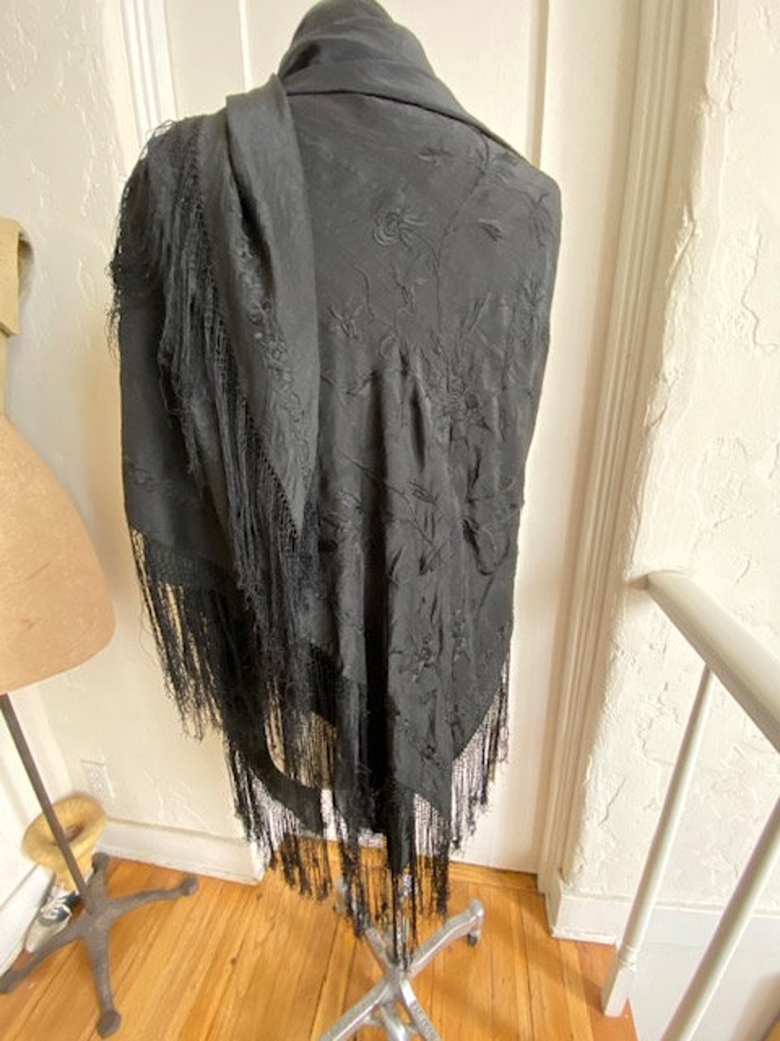 Beautiful Large Vintage Victorian Black Silk Hand Embroidered Piano ...