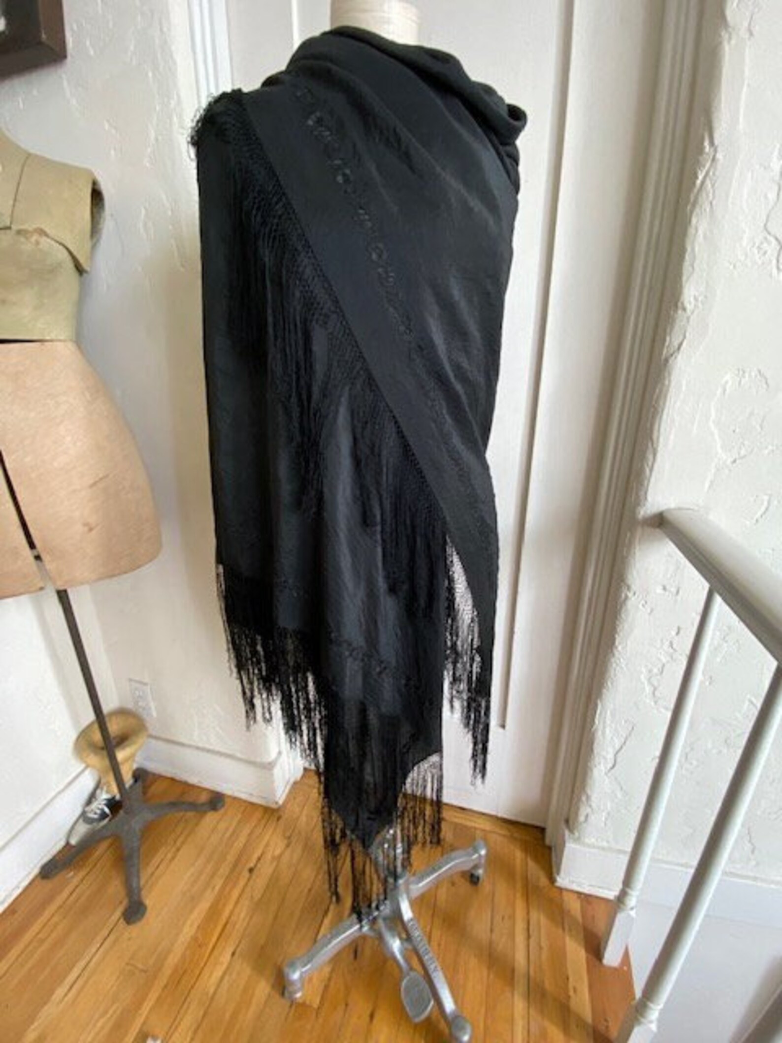 Beautiful Large Vintage Victorian Black Silk Hand Embroidered Piano ...