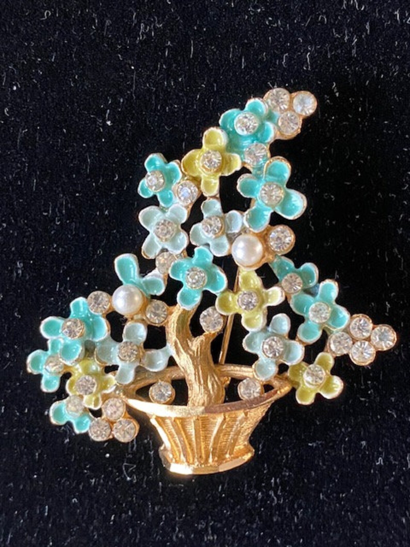 Rare Vintage Signed BSK Blue Enamel W Pearl & Rhinestone Gold Tone ...