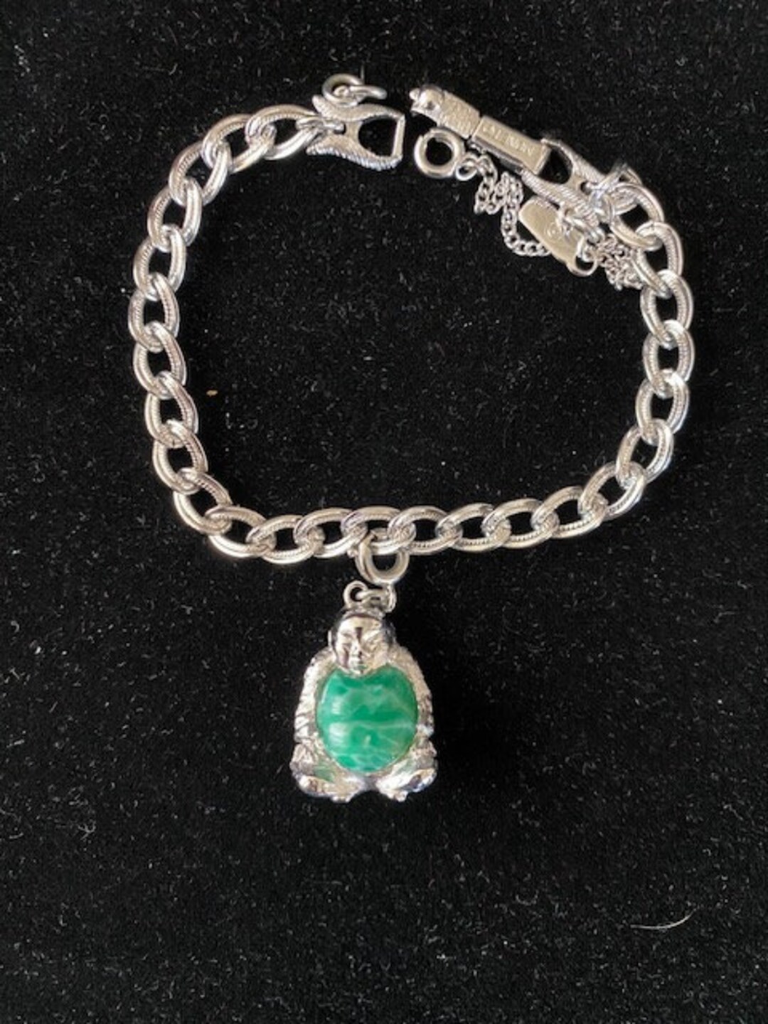 Vintage Monet 1960s Silver Tone Metal Buddha Green Belly Charm Bracelet ...