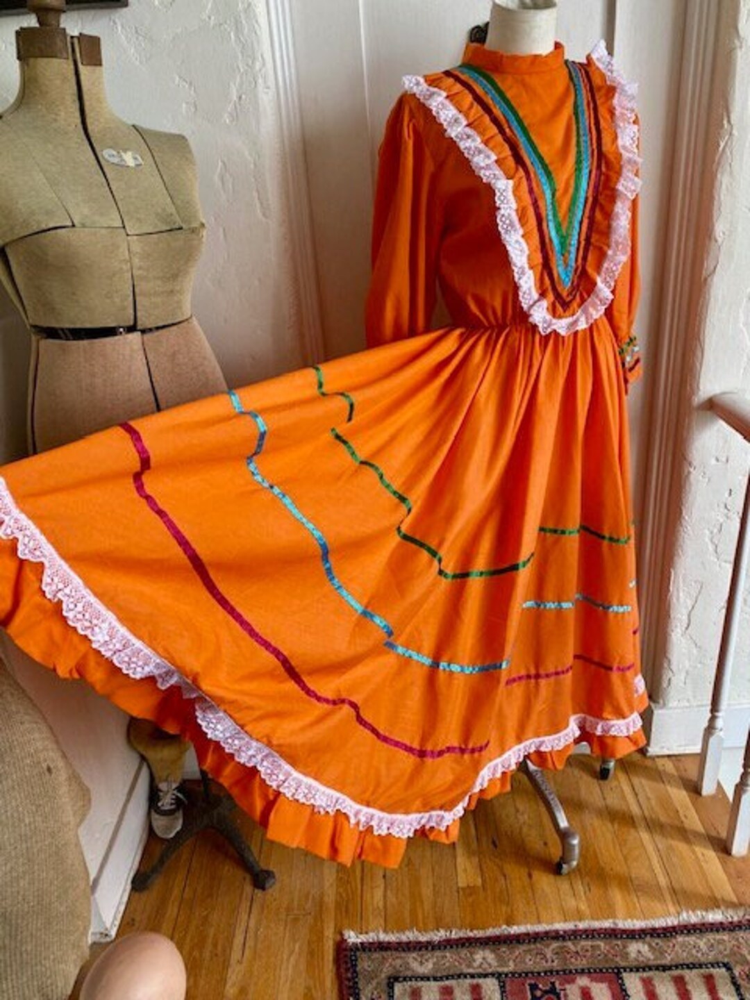 Vintage Orange Traditional Mexican Jalisco Dance Dress - Etsy