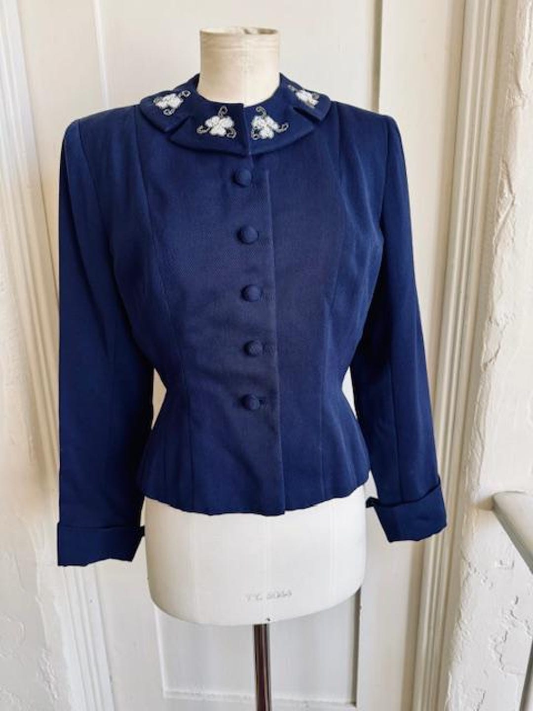 Beautiful LAURA DALE Jr 1940s Blue Beaded Wool Gabardine Tailored ...
