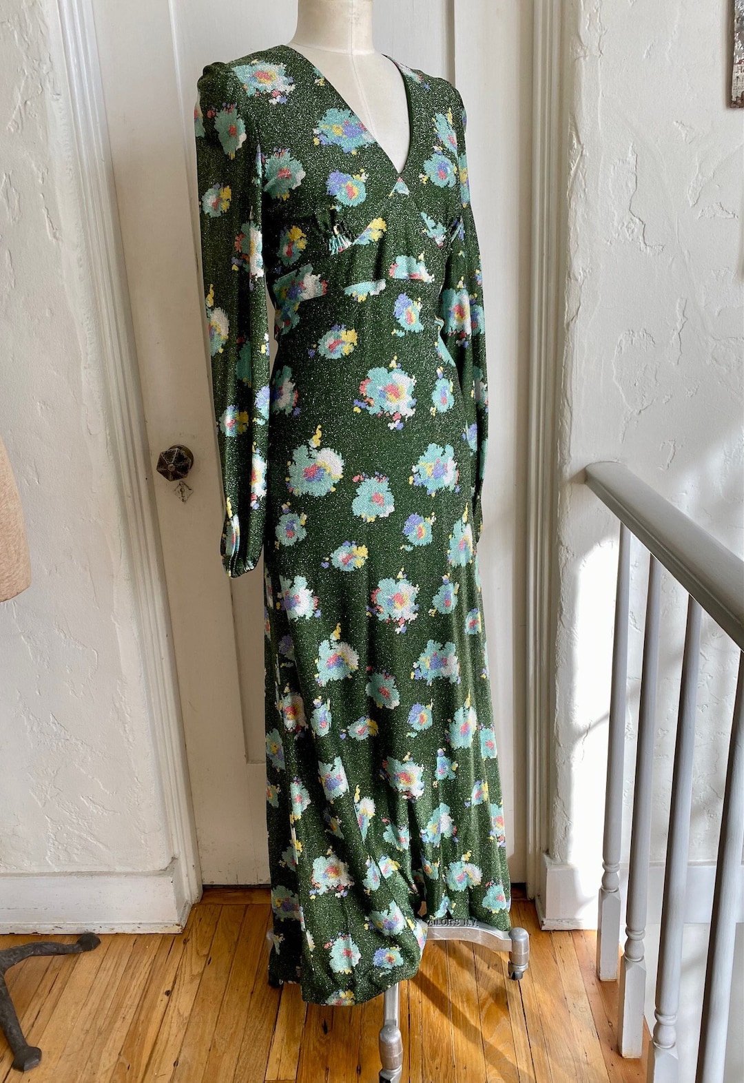 Vintage 70's VERA MONT PARIS Green Floral Lurex Maxi Dress - Etsy