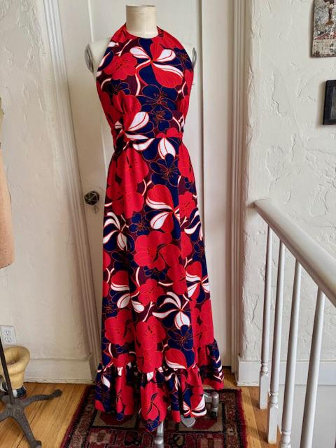 Vintage 1960s Sandine Originals Red White & Blue Floral Maxi Halter ...
