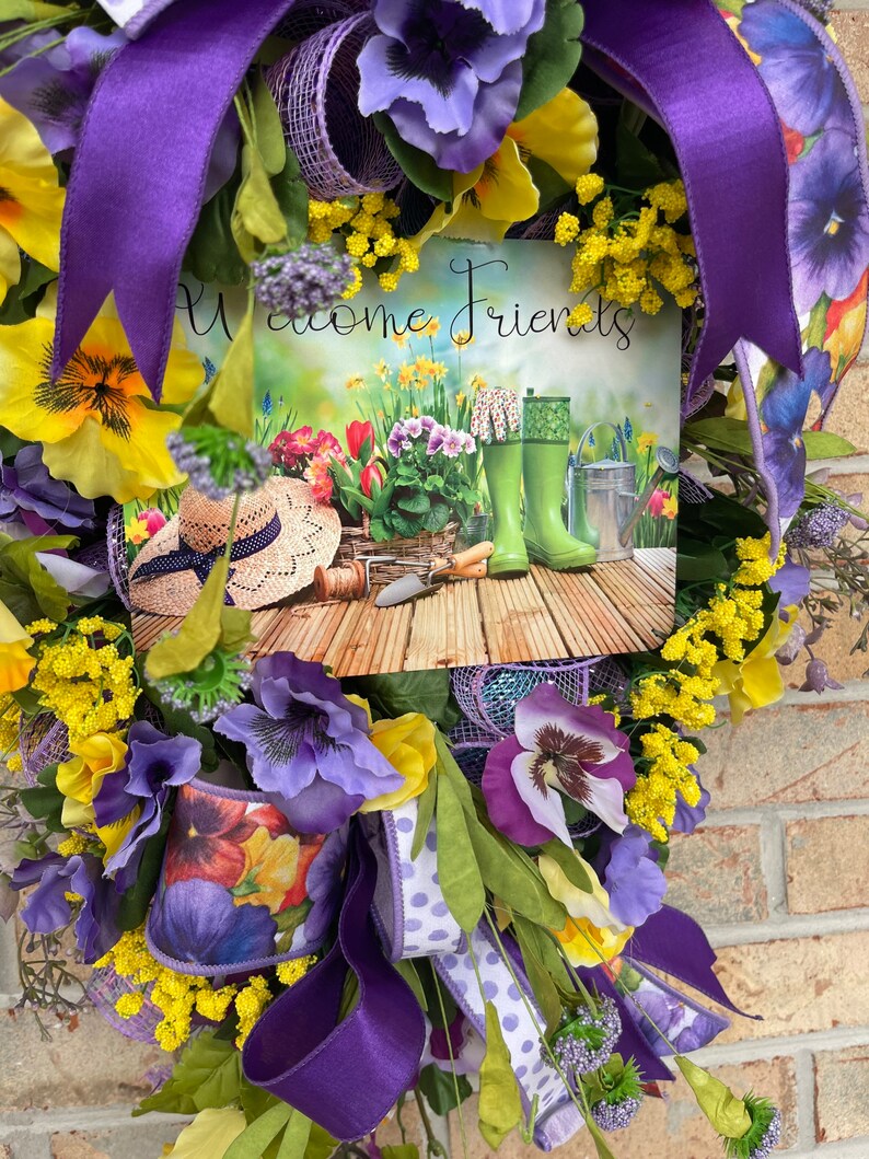Pansy Swag: Purple & Yellow Floral Wreath With Welcome Friends Sign - Etsy