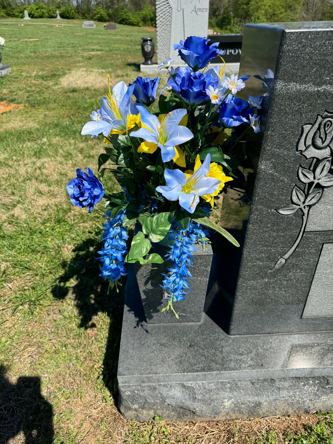 Spring Flowers in Blue and Yellow for Cemetery, Graveside Flowers for ...