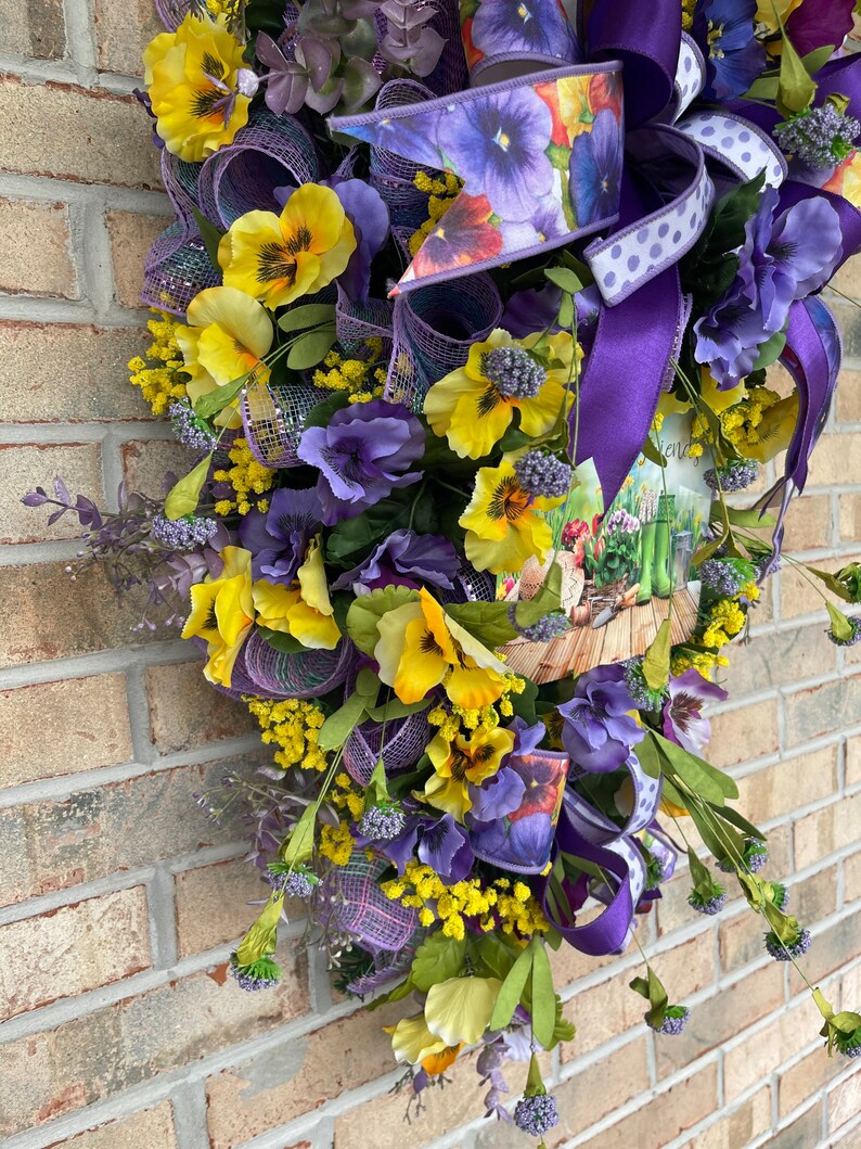 Pansy Swag: Purple & Yellow Floral Wreath With Welcome Friends Sign - Etsy
