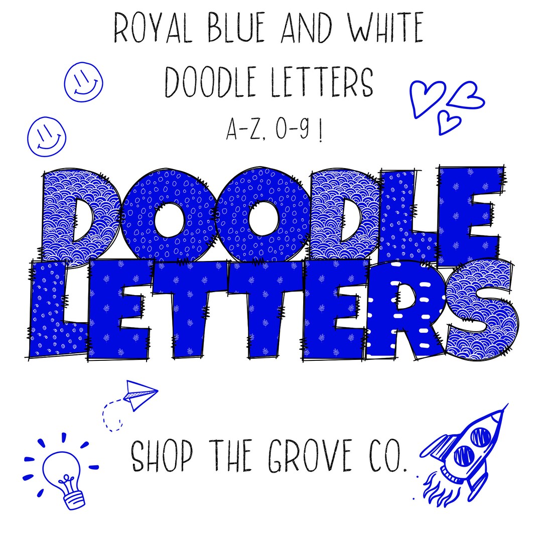 DOODLE LETTERS - Royal Blue and White- Unlimited Commercial Use - Etsy
