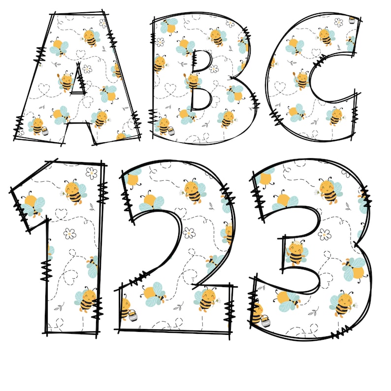 Cute Bees & Numbers PNG, Alpha Doodle, PNG Letters, Doodle Letters PNG ...