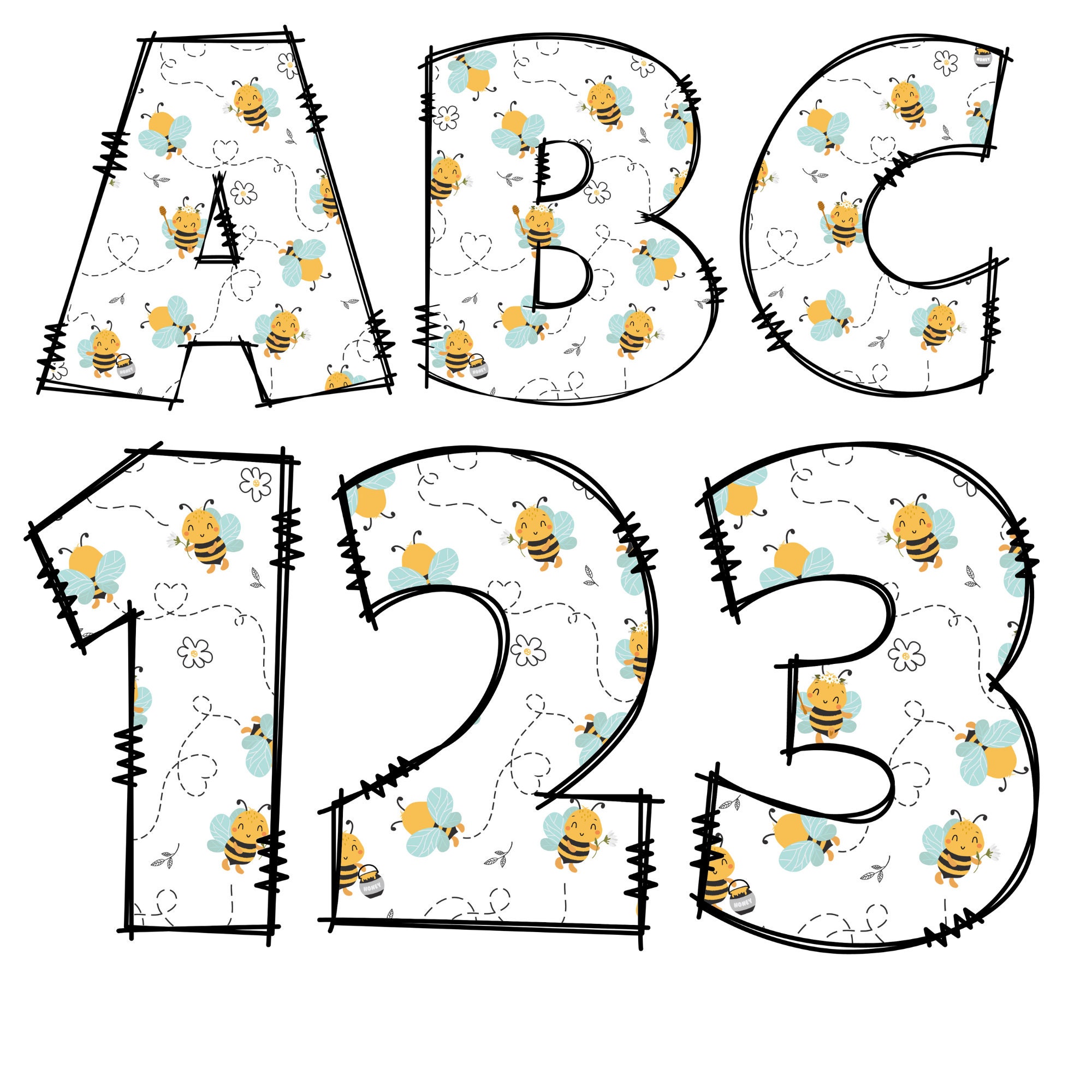 Cute Bees & Numbers PNG, Alpha Doodle, PNG Letters, Doodle Letters PNG ...