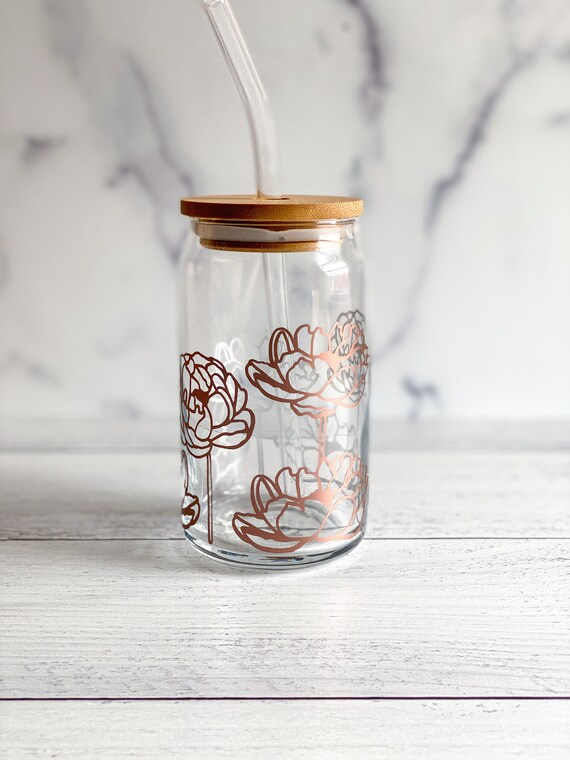 Rose Gold Floral Glass Can With Lid and Straw | Etsy