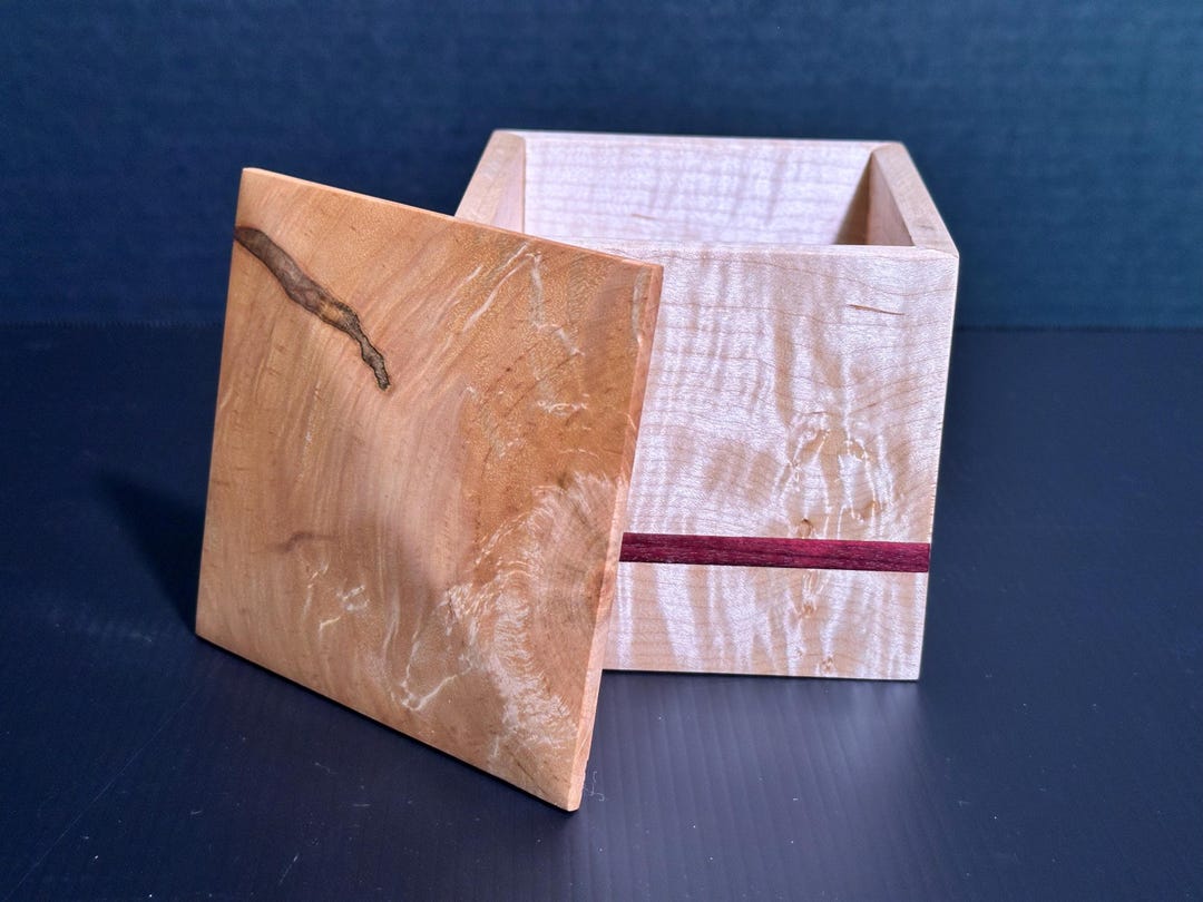 Handcrafted Ambrosia Curly Maple Box – Purpleheart Inlay, Wood Keepsake ...
