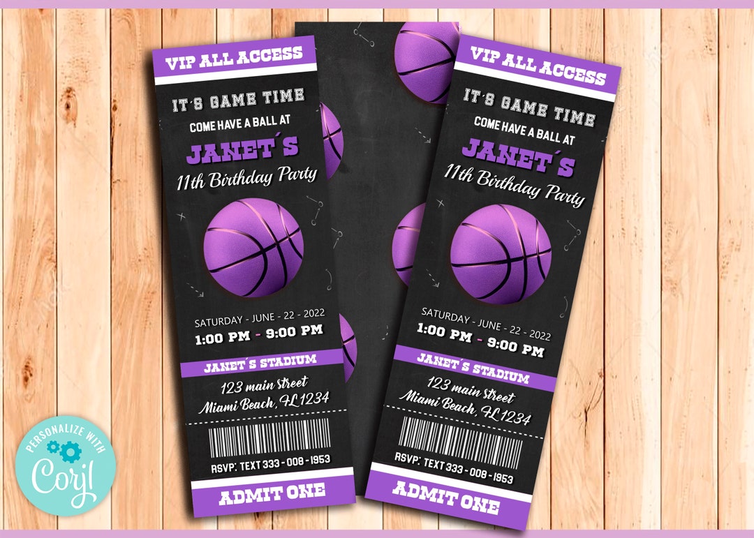Basketball Ticket Birthday Invite, Basketball Invitation, Purple ...