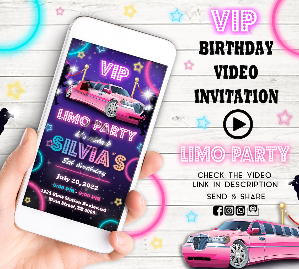 Pink Limo Party Invitation, Rainbow VIP Limousine Birthday, Celebrity ...