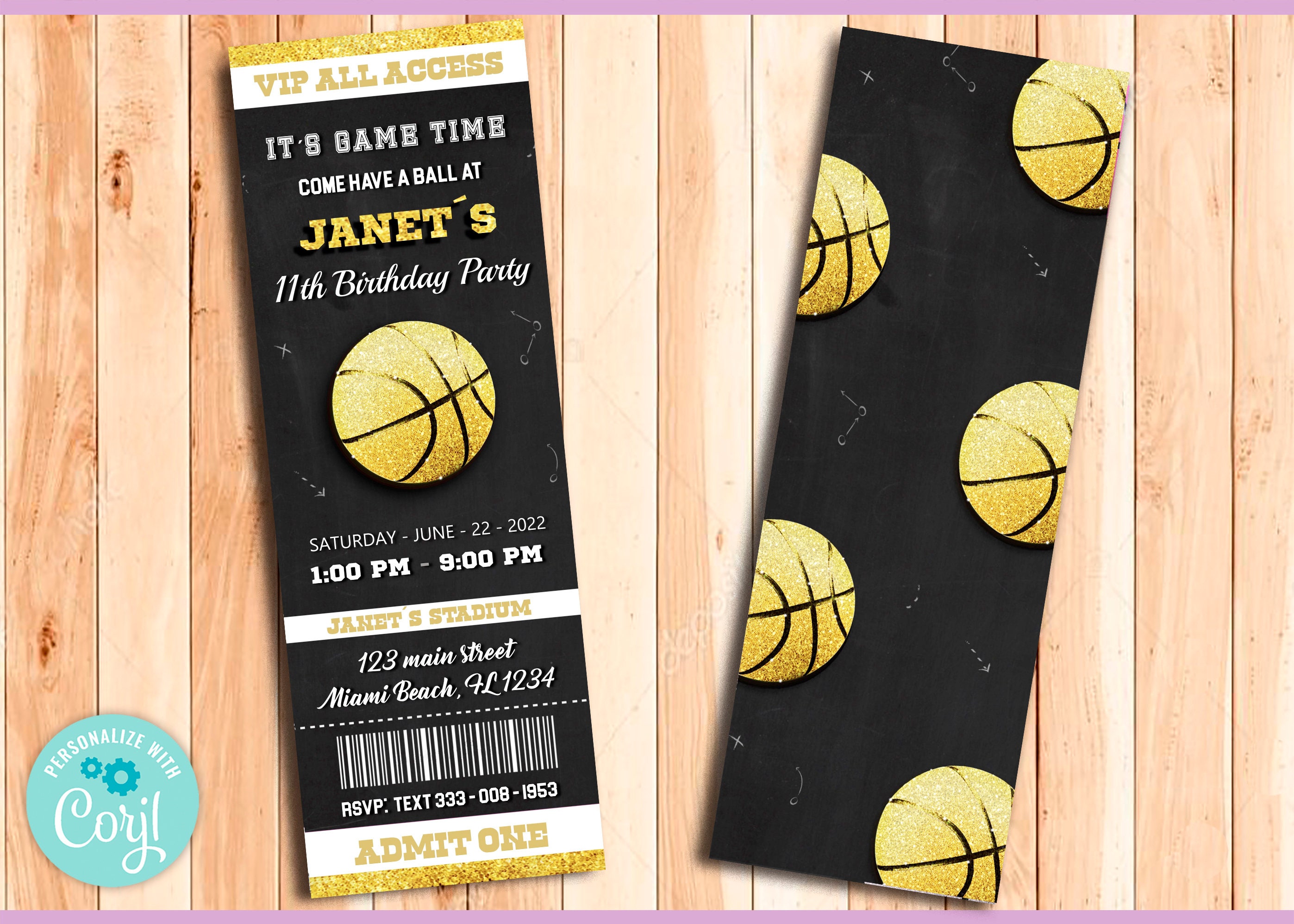 Basketball Ticket Birthday Invite, Glitter Basketball Invitation, Gold ...