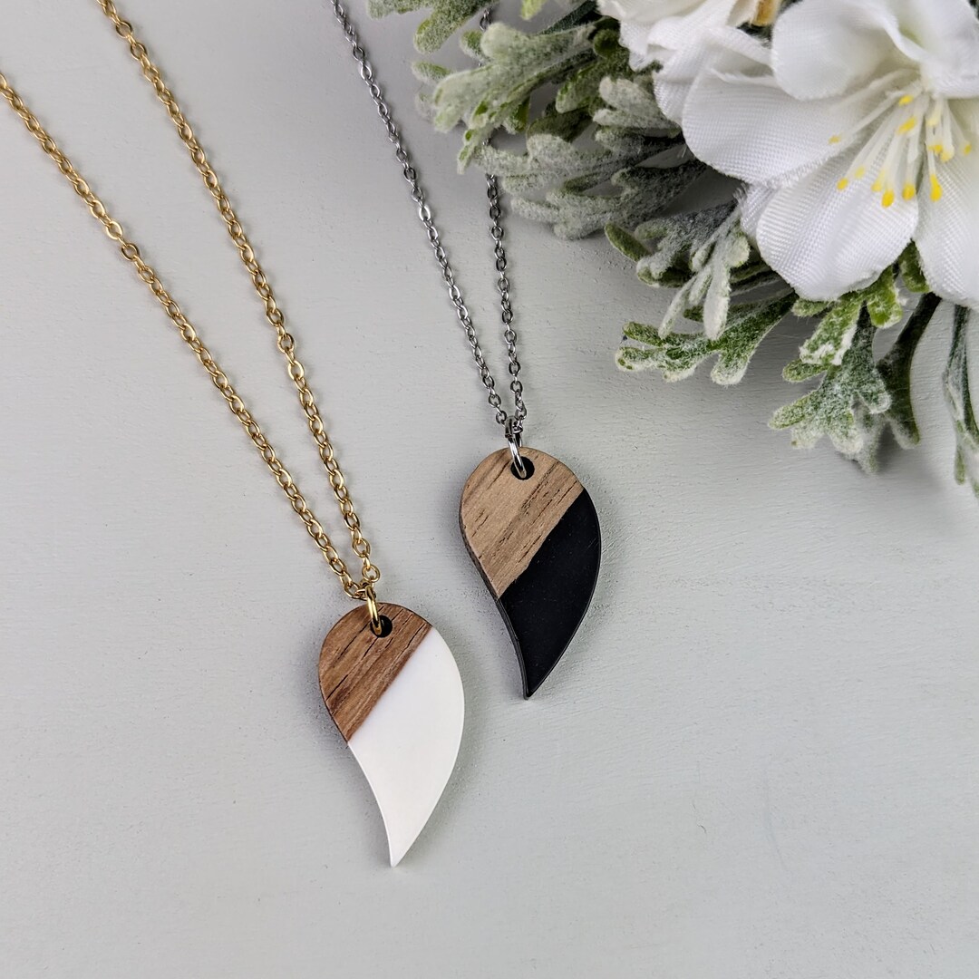 Black/white Wood Teardrop Necklace, Yin Yang Best Friends Set, Unique ...