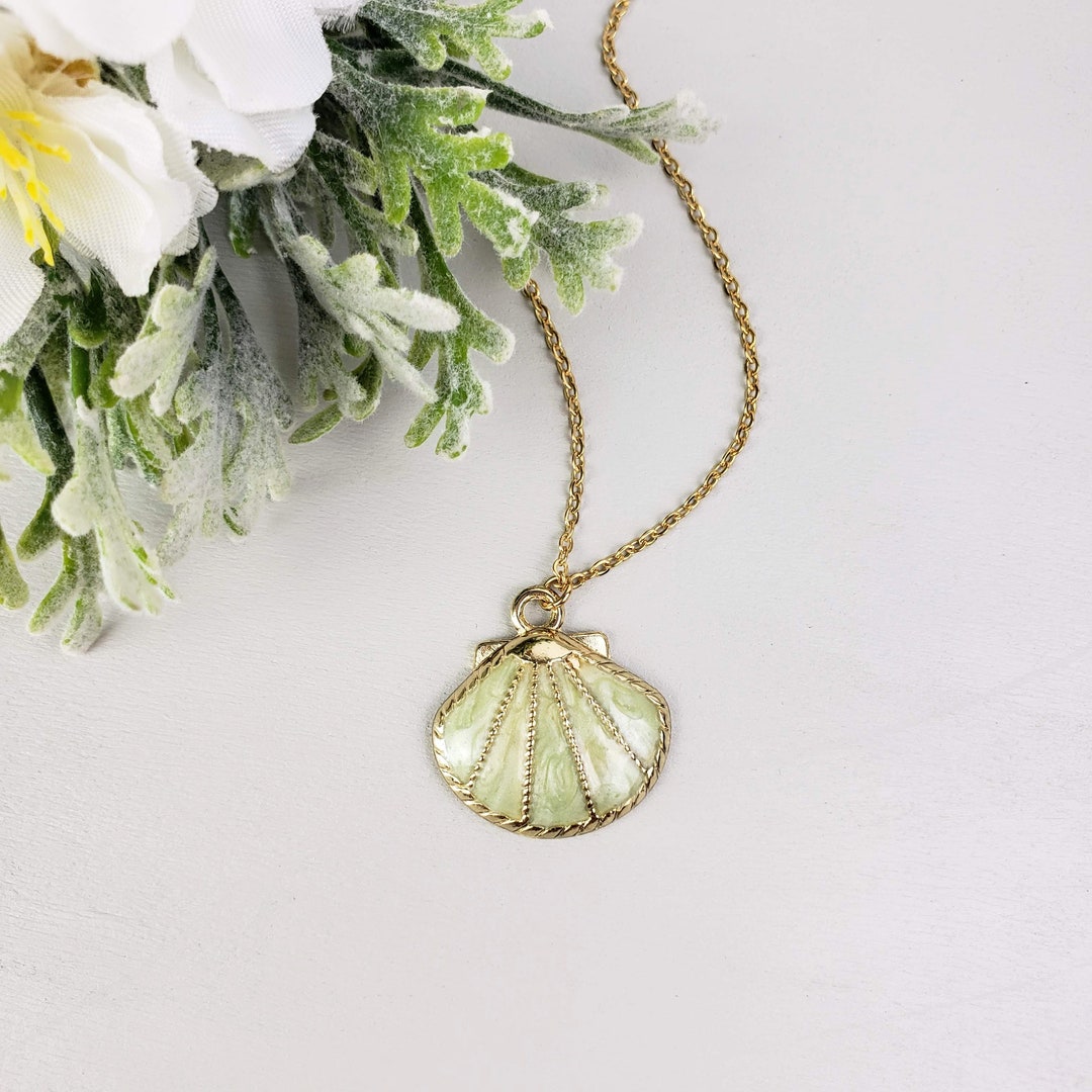 Seashell Necklace, Enamel Green Shell Necklace, Pastel Scallop Shell ...