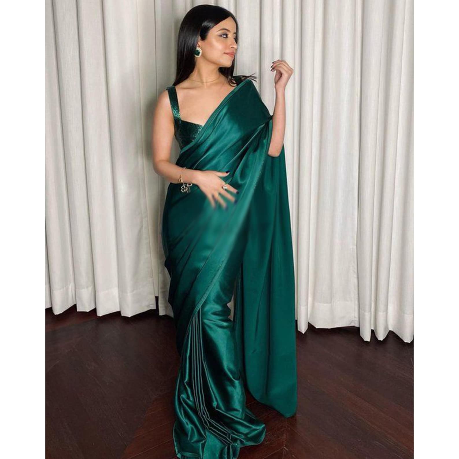Bottle Green Designer Satin Silk Saree With Black Unstitched Satin Silk ...