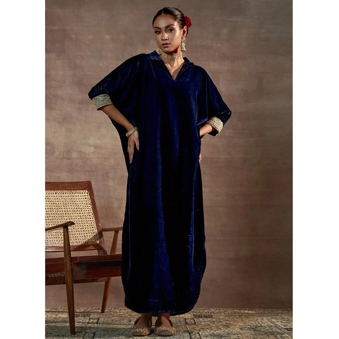 Navy Blue Velvet Draped Kaftan | Velvet Khaftan Dress | Velvet Dress ...