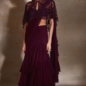 Designer Embroidered Cape Blouse With Drape Ruffle Saree, High-low Net ...