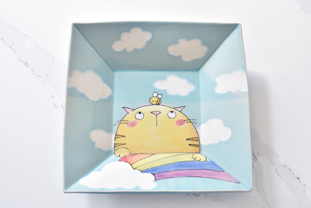 Handmade Ceramic Cat Plate | Handmade Ceramic Blue Plate | Light Blue ...