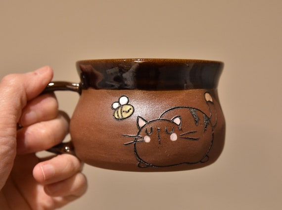 Home & Living Kitchen & Dining Handmade Red Clay Ceramic Cat Mug Blue ...