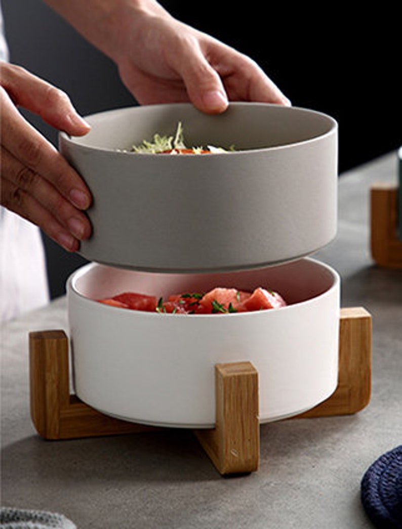 Stacking Ceramic Bowls with Wood Stand Dinnerware Modern | Etsy