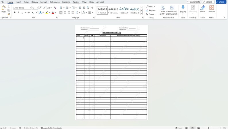 Editable/printable Internship Hours and Description Log (word & PDF) - Etsy