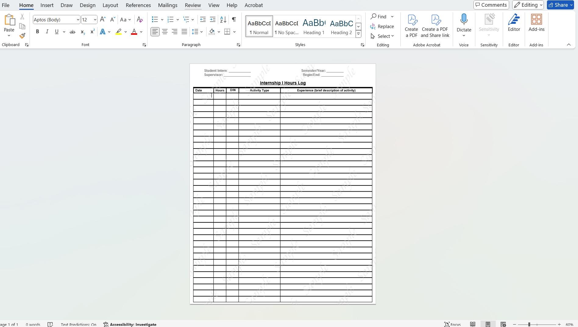 Editable/printable Internship Hours and Description Log (word & PDF) - Etsy