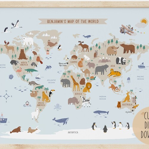 Kids World Map Printable Playroom Animal World Map Gender - Etsy