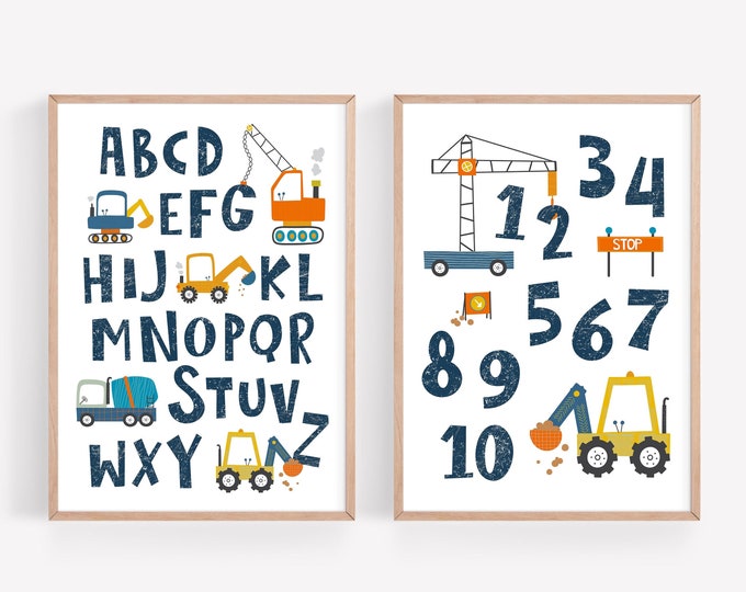 Numbers and Alphabet Poster Set - Navy Construction Nursery Decor ...