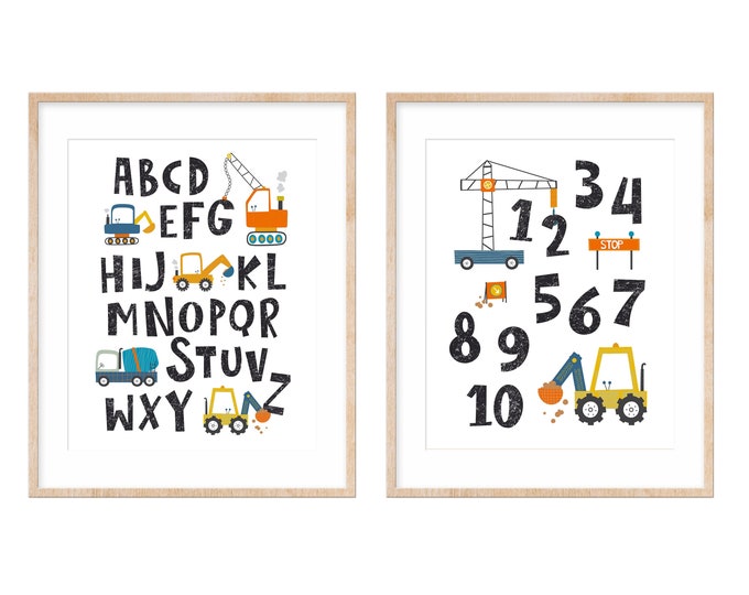 Construction Truck Alphabet and Numbers Nursery Print Set | Etsy