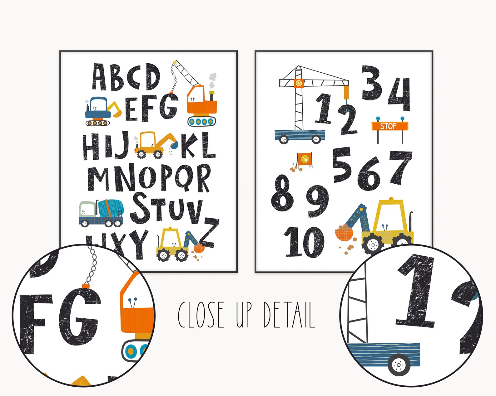 Construction Truck Alphabet and Numbers Nursery Print Set, Toddler Boy ...