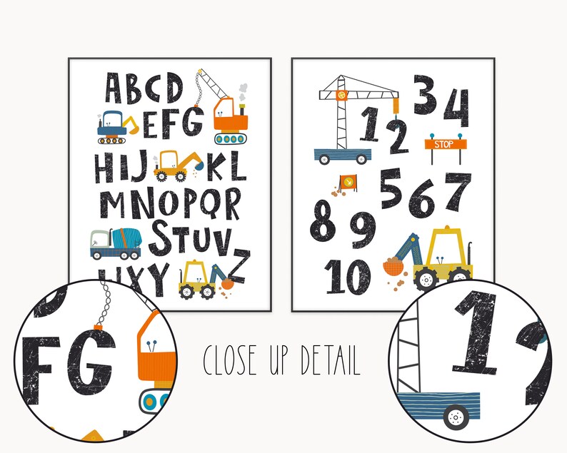 Construction Truck Alphabet and Numbers Nursery Print Set | Etsy